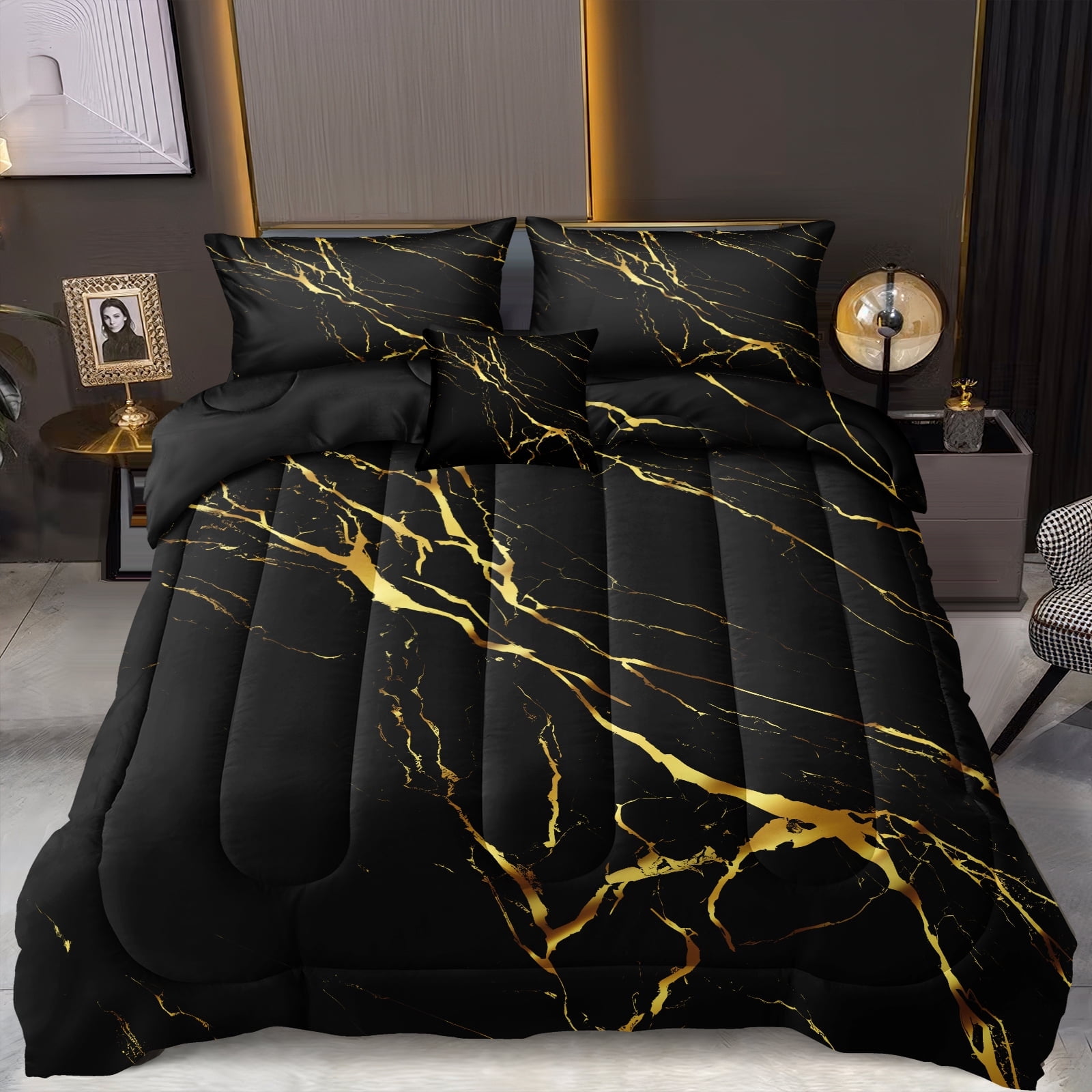 Move Over Black Gold Marble Comforter Set Queen Size Luxurious Gold ...