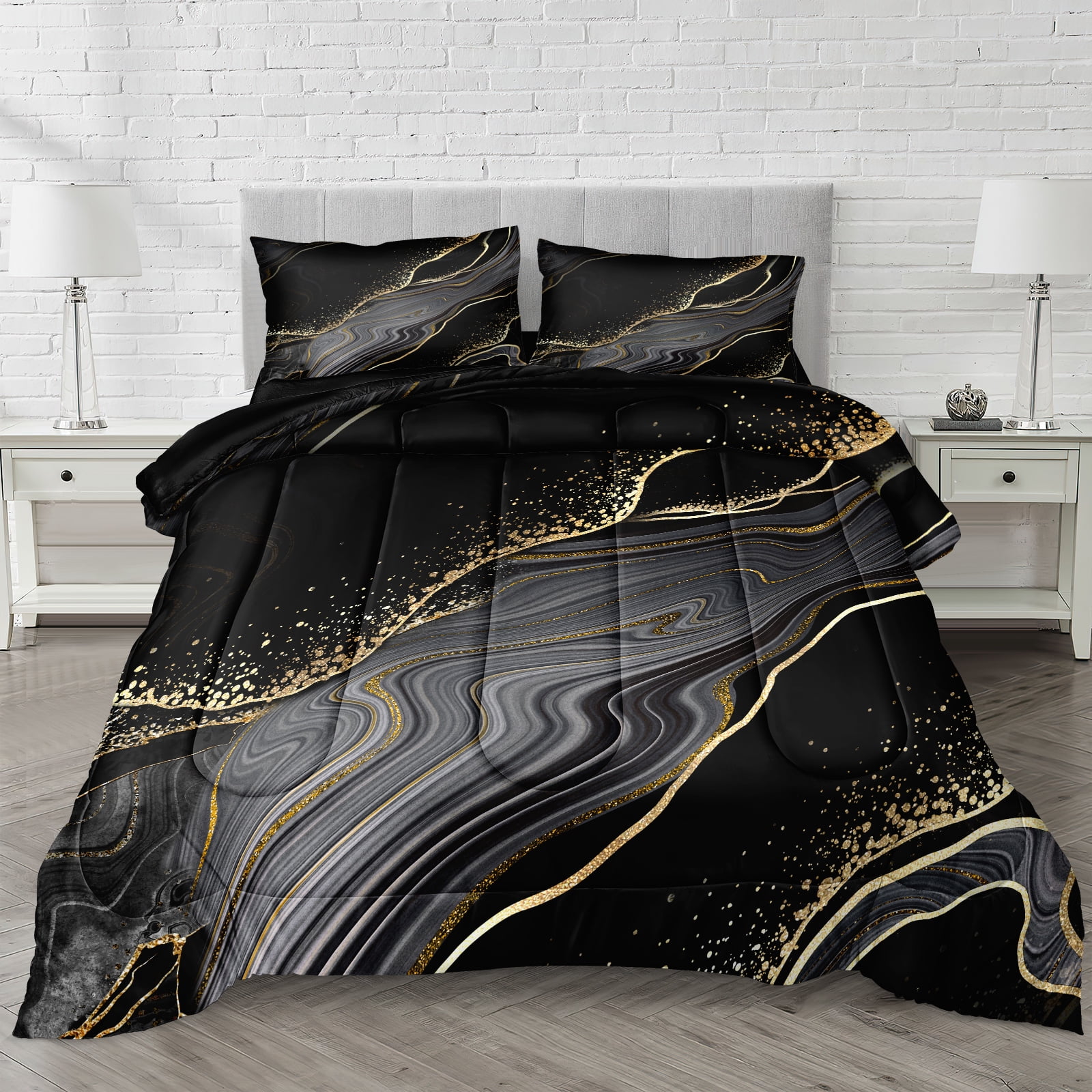 Free Shipping Move Over Marble Comforter Set King Black Gold Bedding