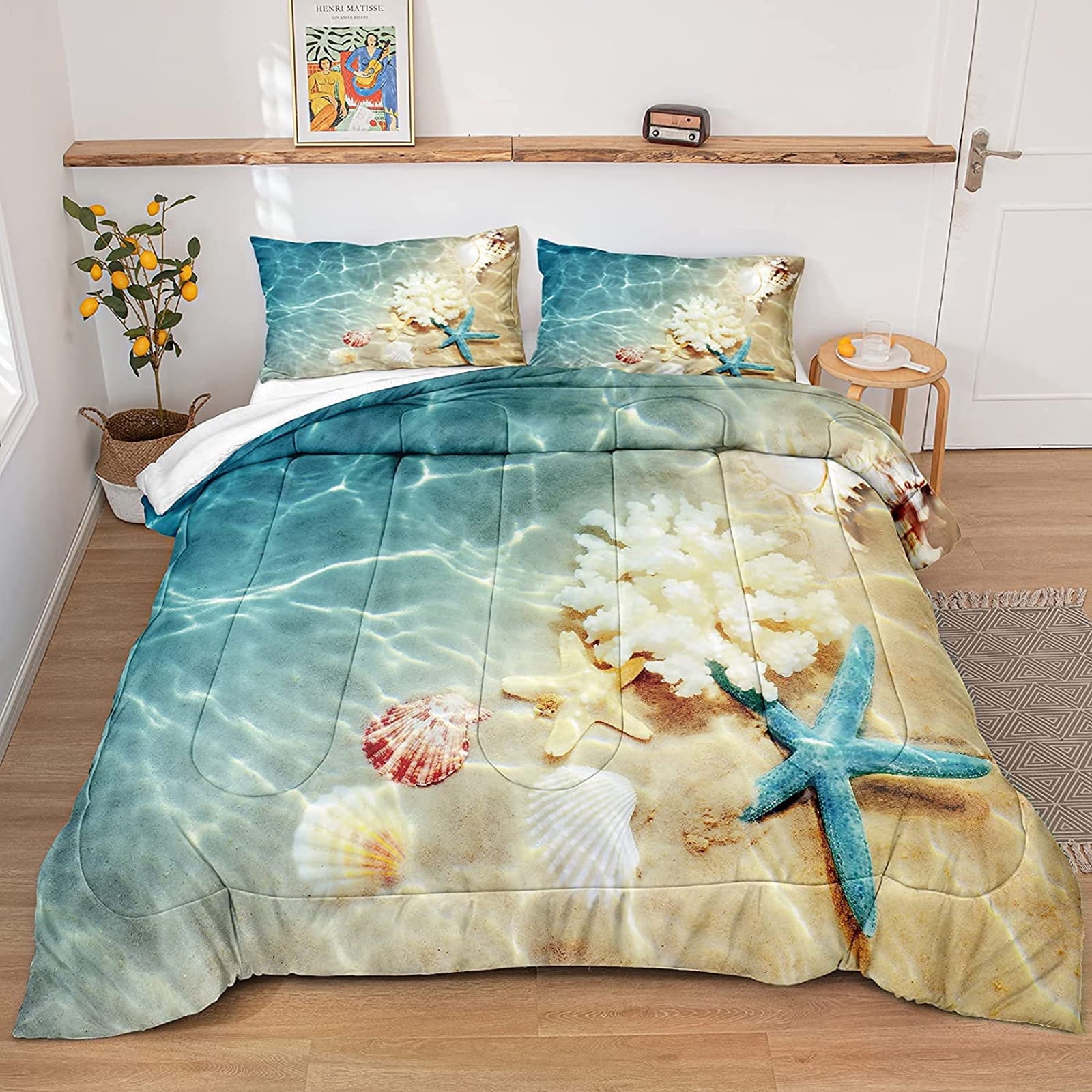 Move Over King Size Ocean Comforter Set, Teal Beach Bedding with ...
