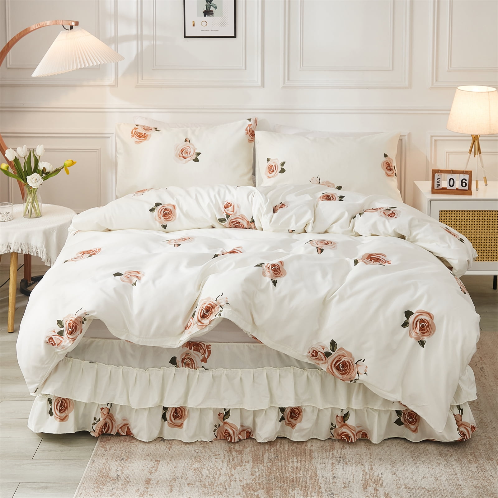 Move Over Pink Rose Bedding Sets King White Floral Duvet Cover Set Pink ...