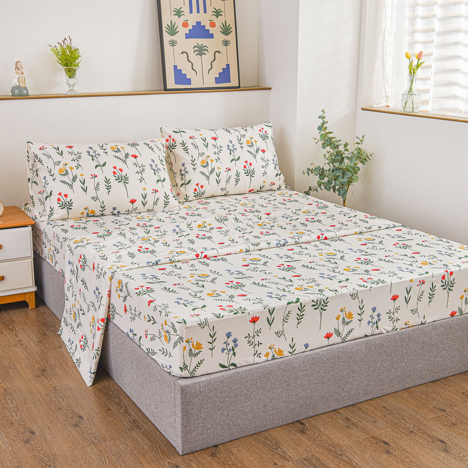 Move Over Queen Sheet Set Botanical Flower Bed Set Red Yellow Floral ...