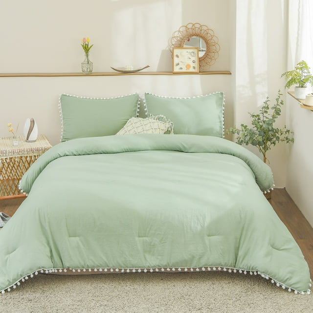 Move Over Sage Green Comforter Set King Pom Poms Bedding Sets White ...