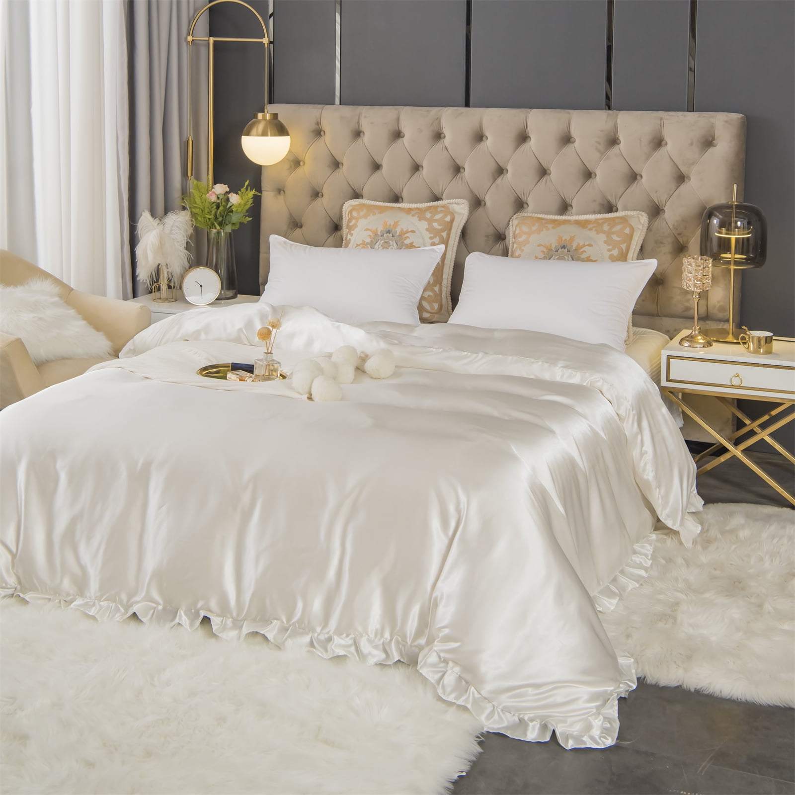 Move Over Satin Ruffle Duvet Cover Twin Only White Bedding Set Ruffle ...