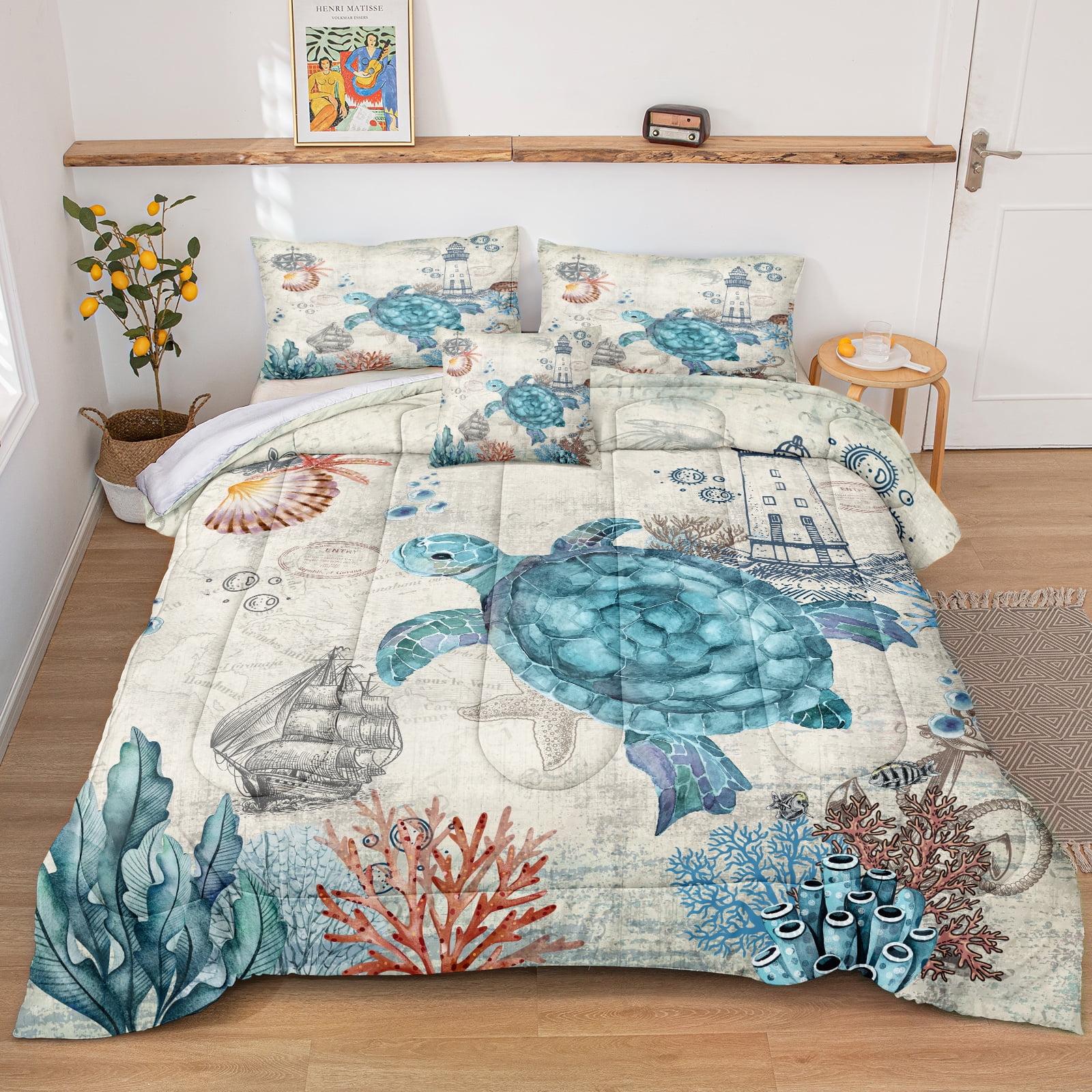 Move Over Sea Turtle Comforter Set Queen Ocean Beach Bedding Set Soft ...