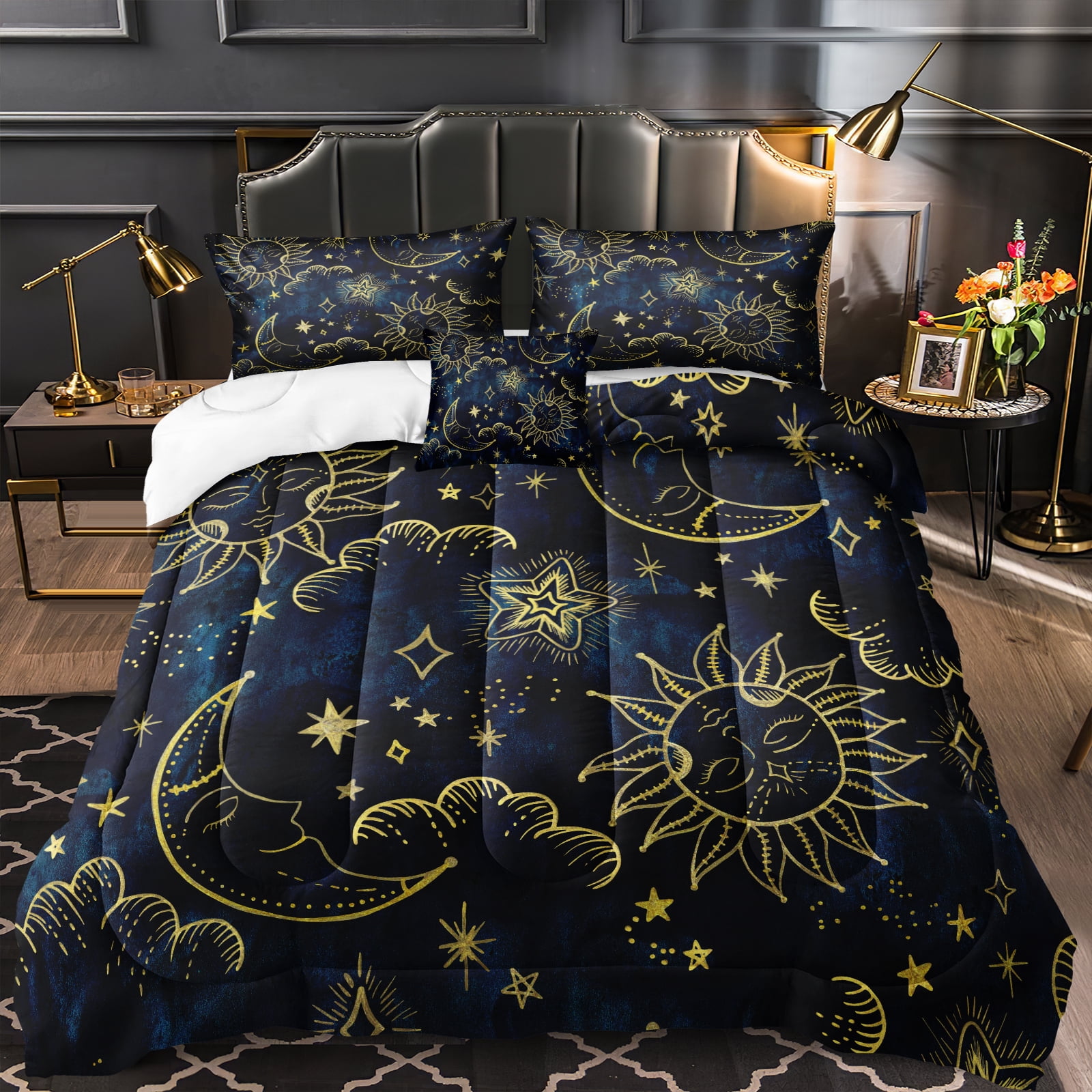 Move Over Sun and Moon Comforter Set King Size Galaxy Bedding Blue Gold ...