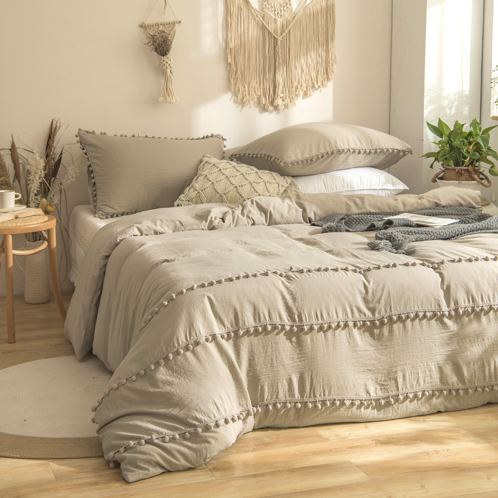 Move Over Taupe Bedding Set King Pom Poms Duvet Cover Set Three Layer ...