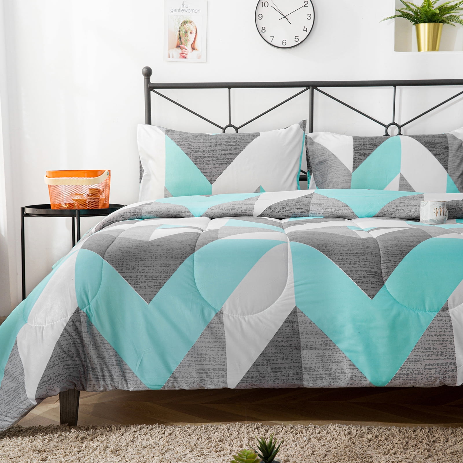 Move Over Teal Plaid Comforter Set King Geometric Bedding Sets Chevron ...