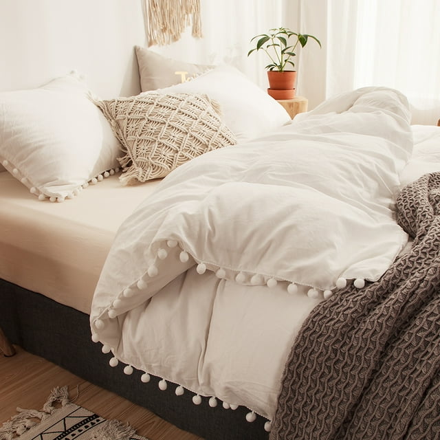 Move Over White Bedding Set King Pom Poms Design 100% Washed Microfiber ...