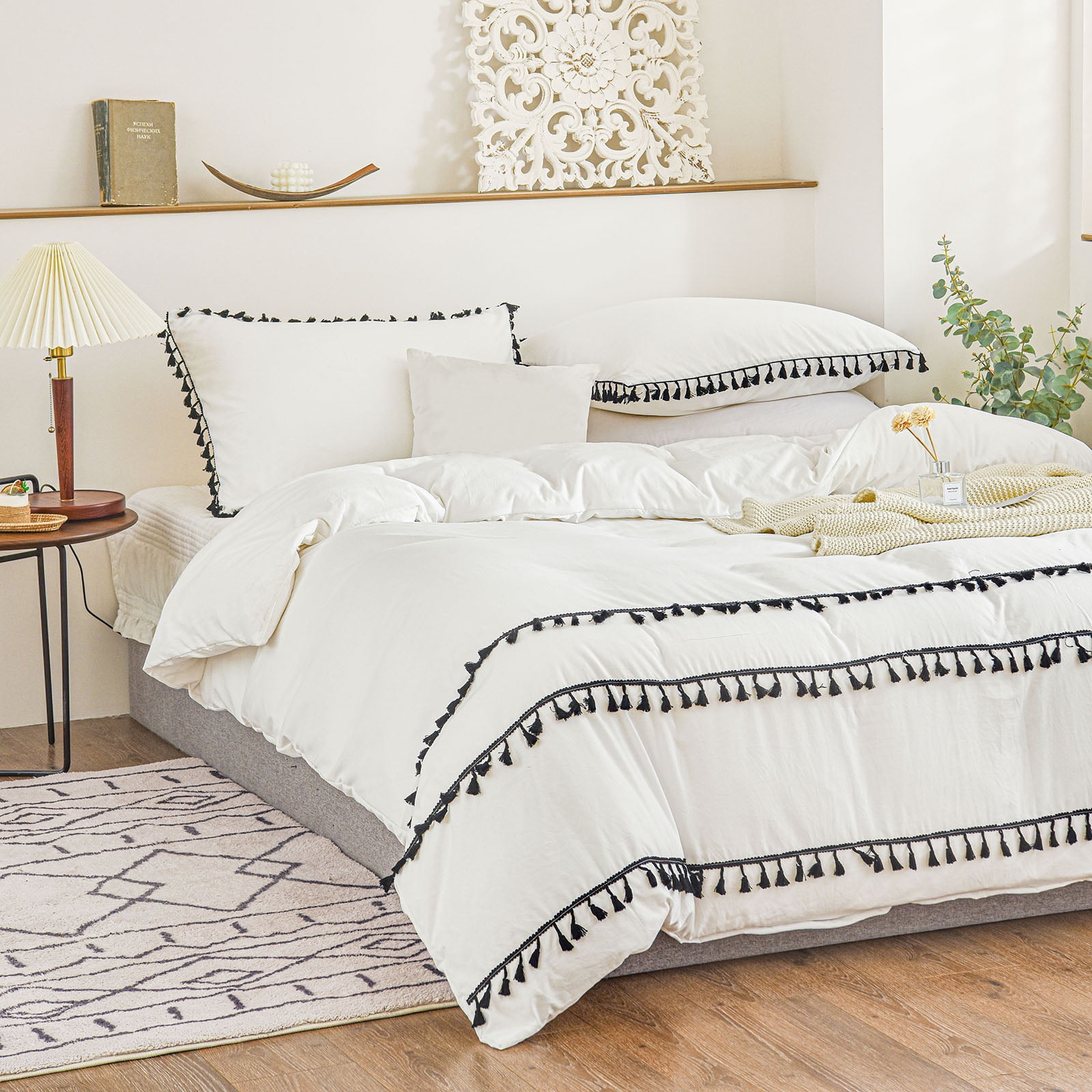 Move Over White Bedding Sets Queen Black Triple Layer Tassel Duvet ...