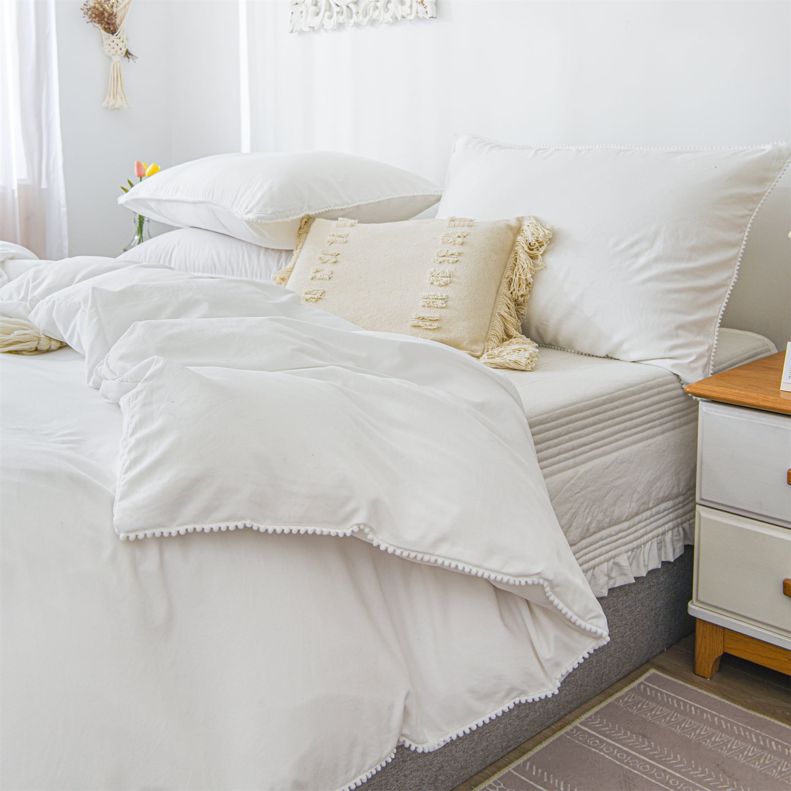 Move Over White Bedding Sets Queen Boho Duvet Cover Set Mini Fringe ...