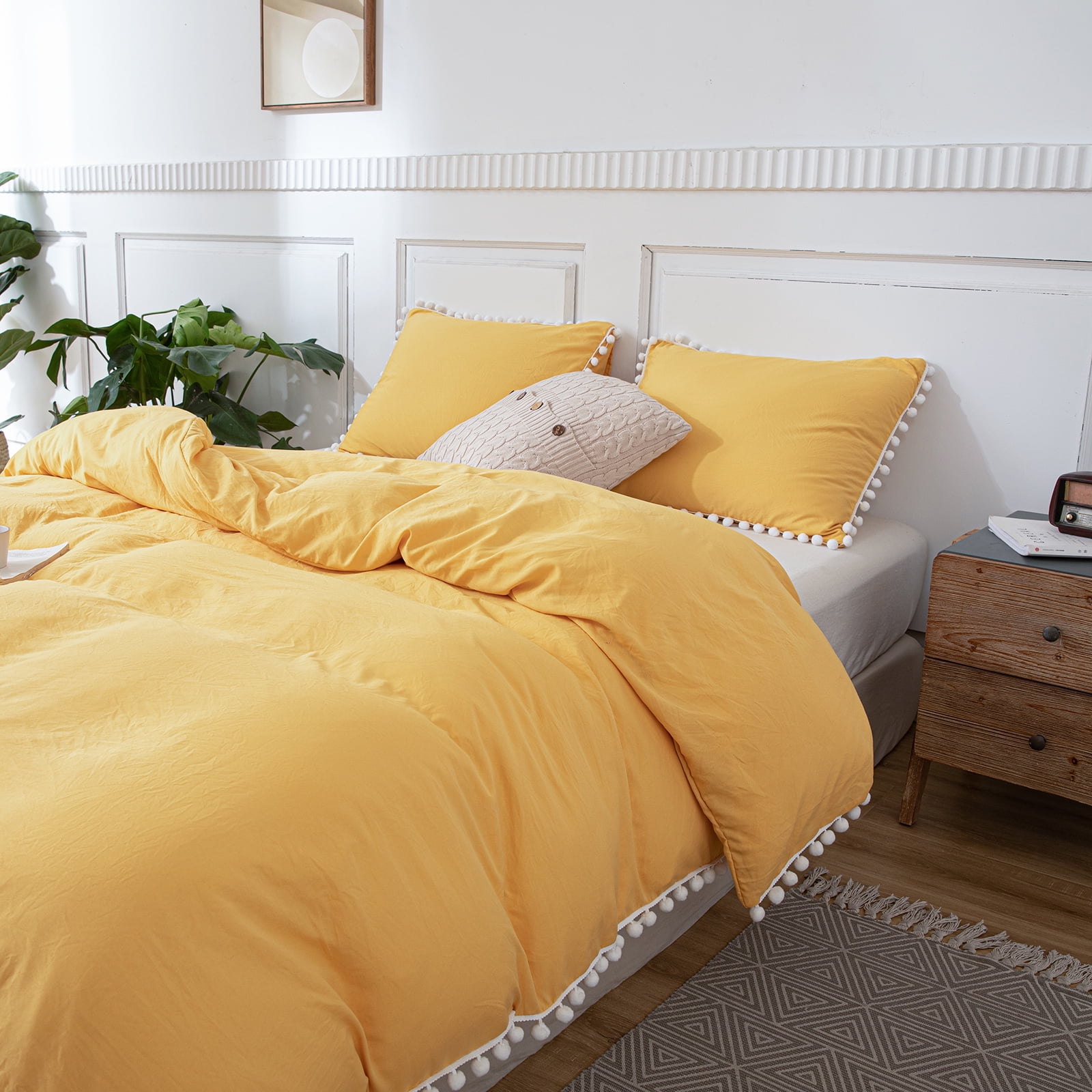 Move Over Yellow Bedding Set Twin Solid Color Pom Poms Fringe Design ...