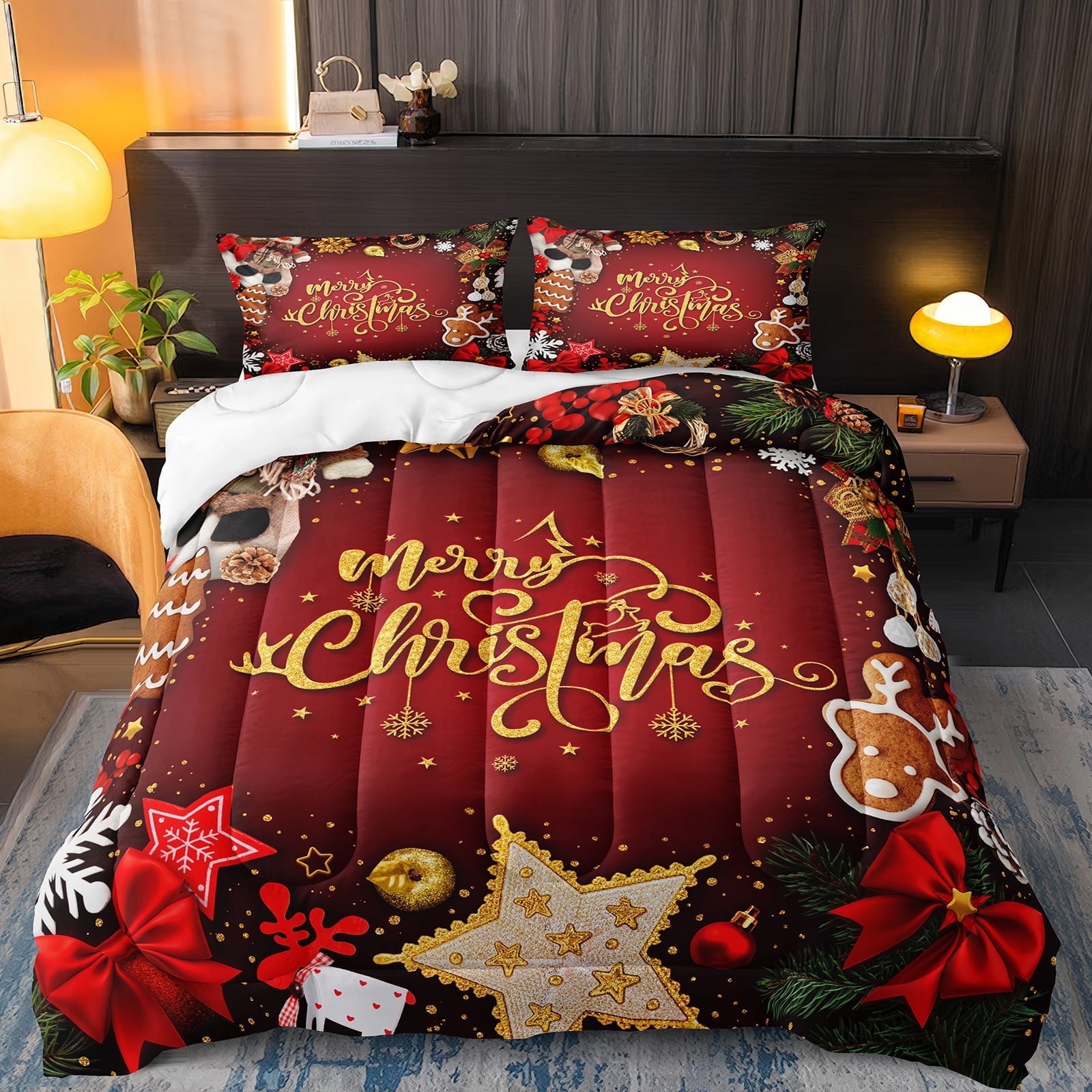 Move Over Red Christams Comforter Set Red and Gold Bedding Set 4 Pieces ...