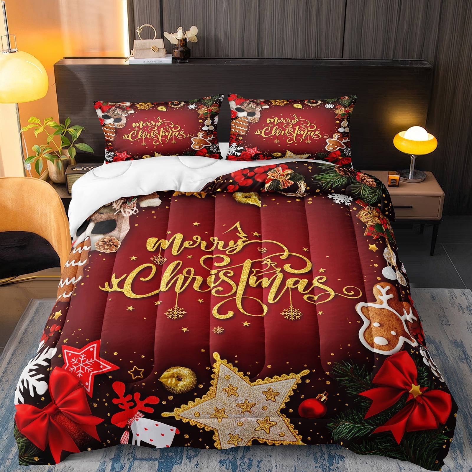 Move Over Red Christams Comforter Set Red and Gold Bedding Set 4 Pieces ...