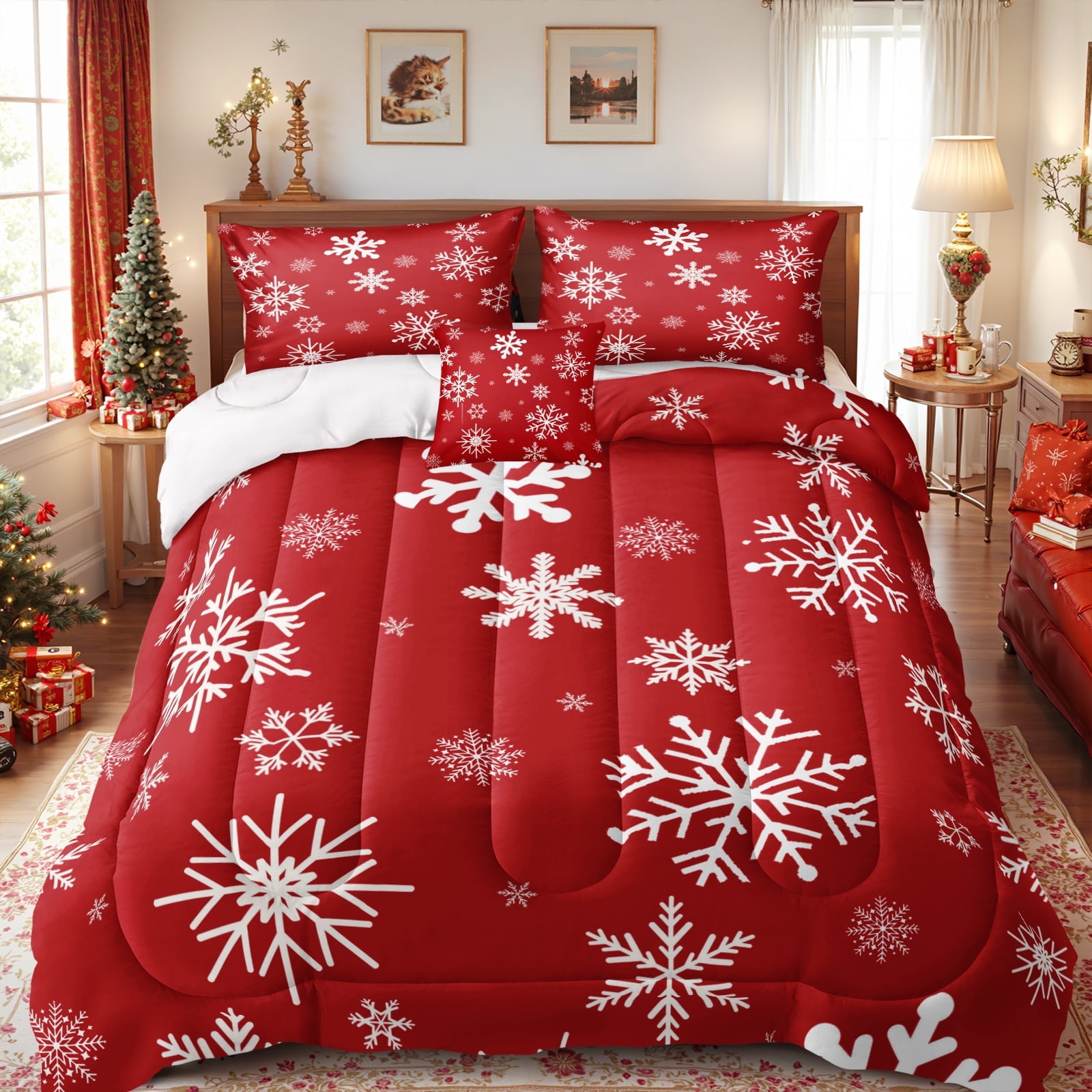 Move Over Red Christmas Comforter Set Queen White Snowflakes Bedding ...