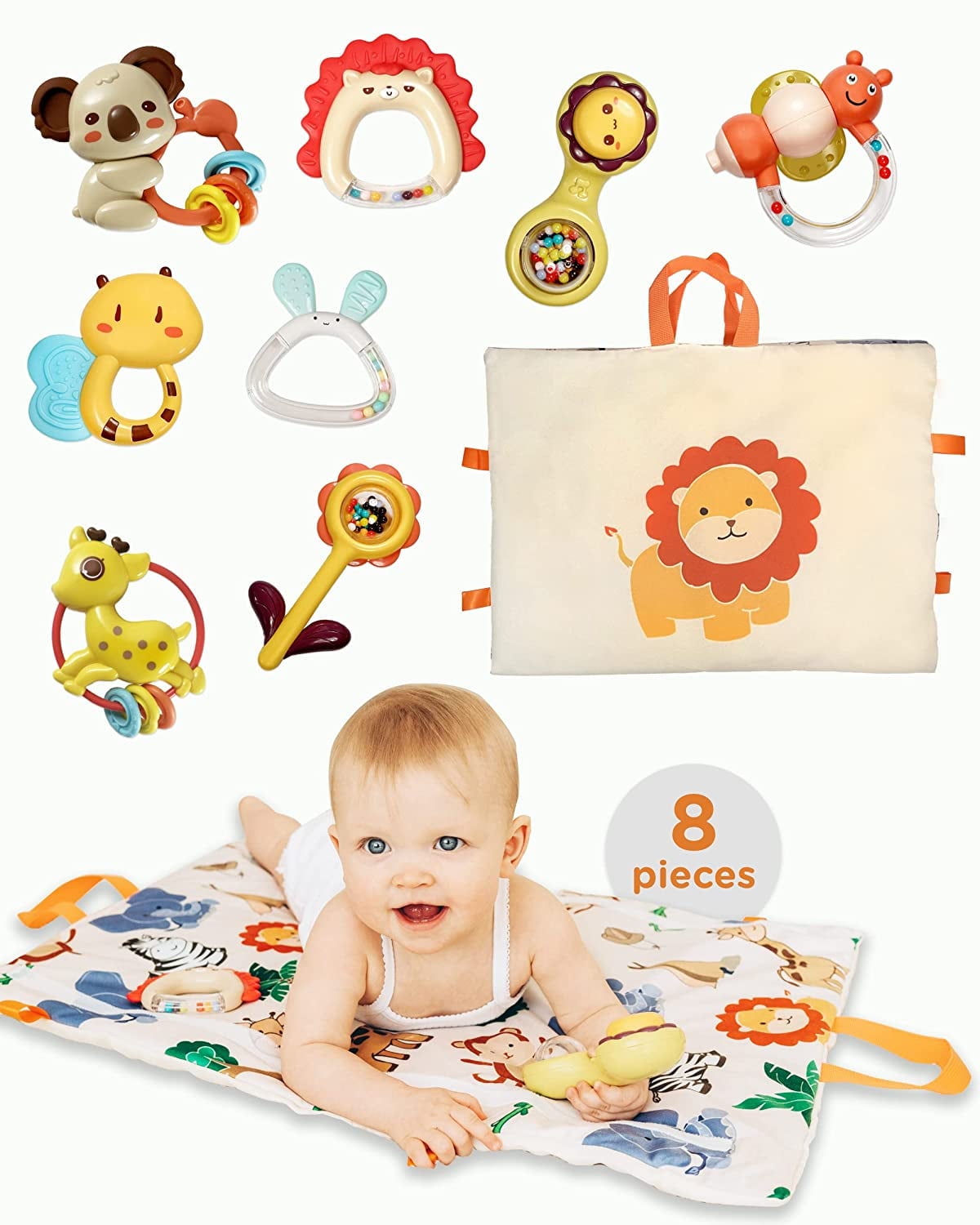 Move2Play Newborn Learning Set - 8 Piece Baby Rattle, Tummy Time Mat ...
