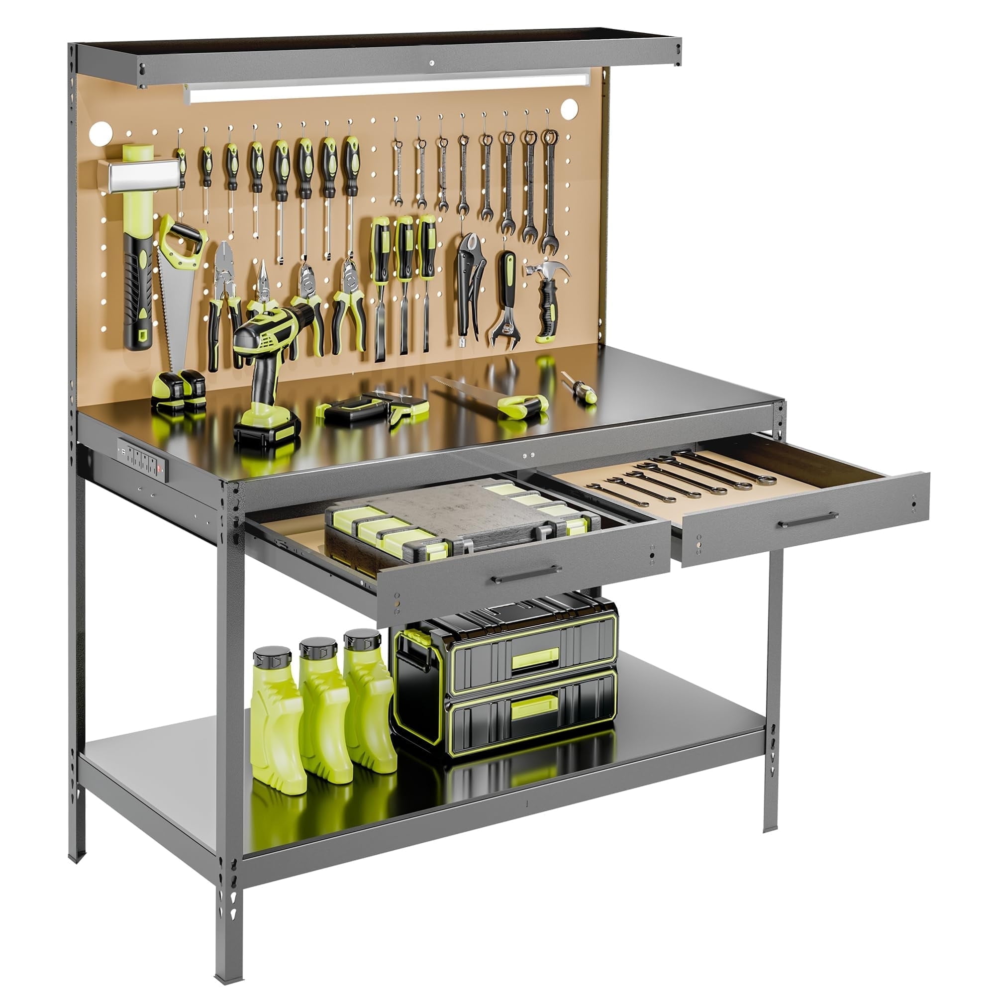 MoveCatcher Heavy Duty Workbench with Pegboard & LED Lights, 600LBS ...