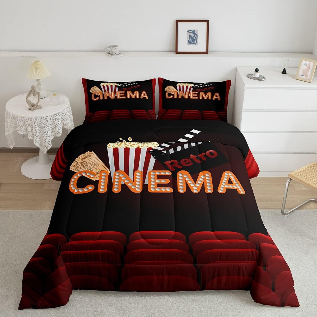 Movie Comforter Set Popcorn Movie Bedding Set Retro Cinema Red Black ...