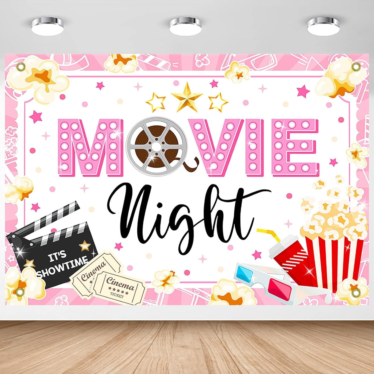 Movie Night Backdrop for Girls Pink Movie Theme Party Decorations Now ...