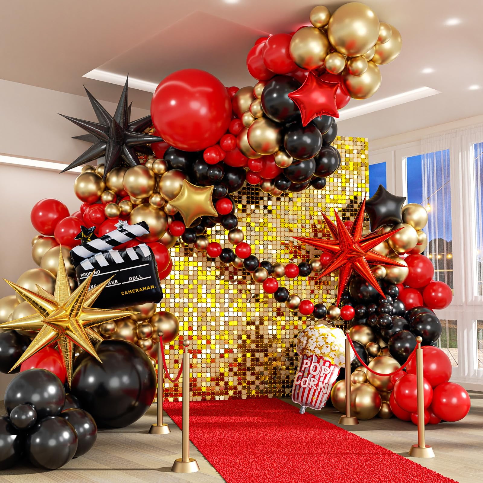 Movie Night Balloon Arch SSF20 Garland Kit with Red Black and Gold ...