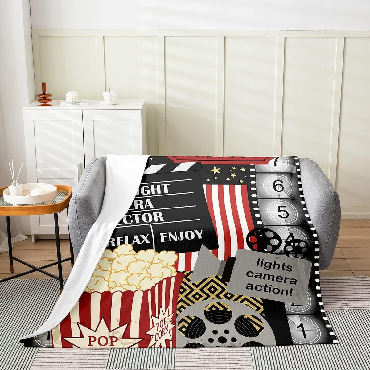 Movie Night Bed Blanket Red Stripes Cartoon Popcorn Fleece Blanket Warm ...