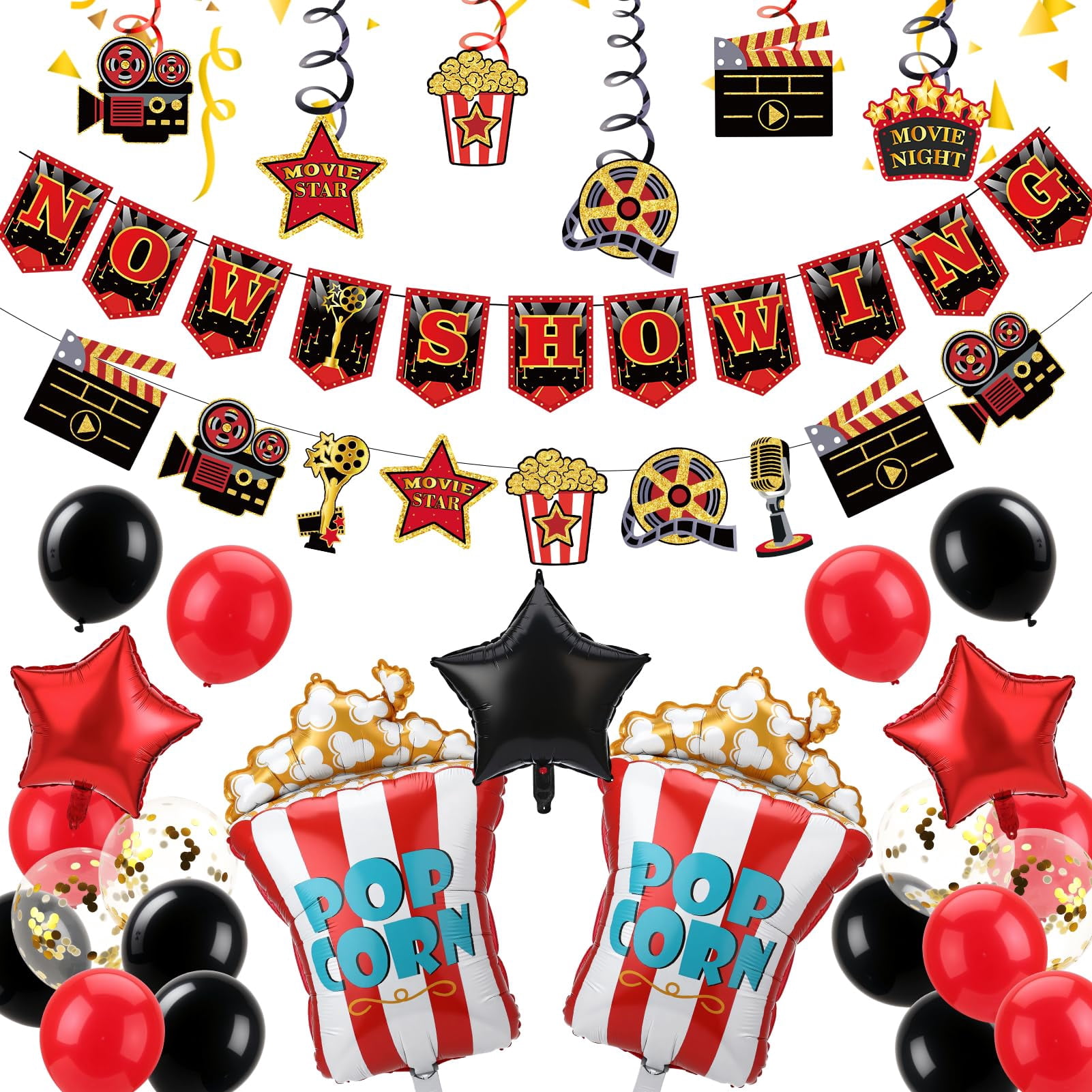 Movie Night Decorations Kit Now Showing Banner Hanging Swirls Popcorn ...