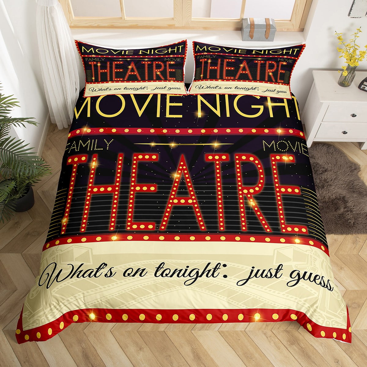 Movie Night Duvet Cover Queen Size Vintage Cinema Style Bedding Set ...