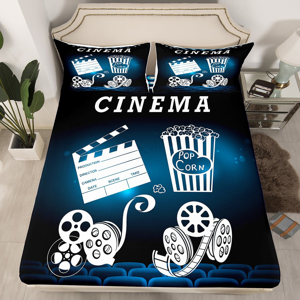 Movie Night Fitted Sheet Queen, Vintage Retro Filmstrip Bedding Set ...