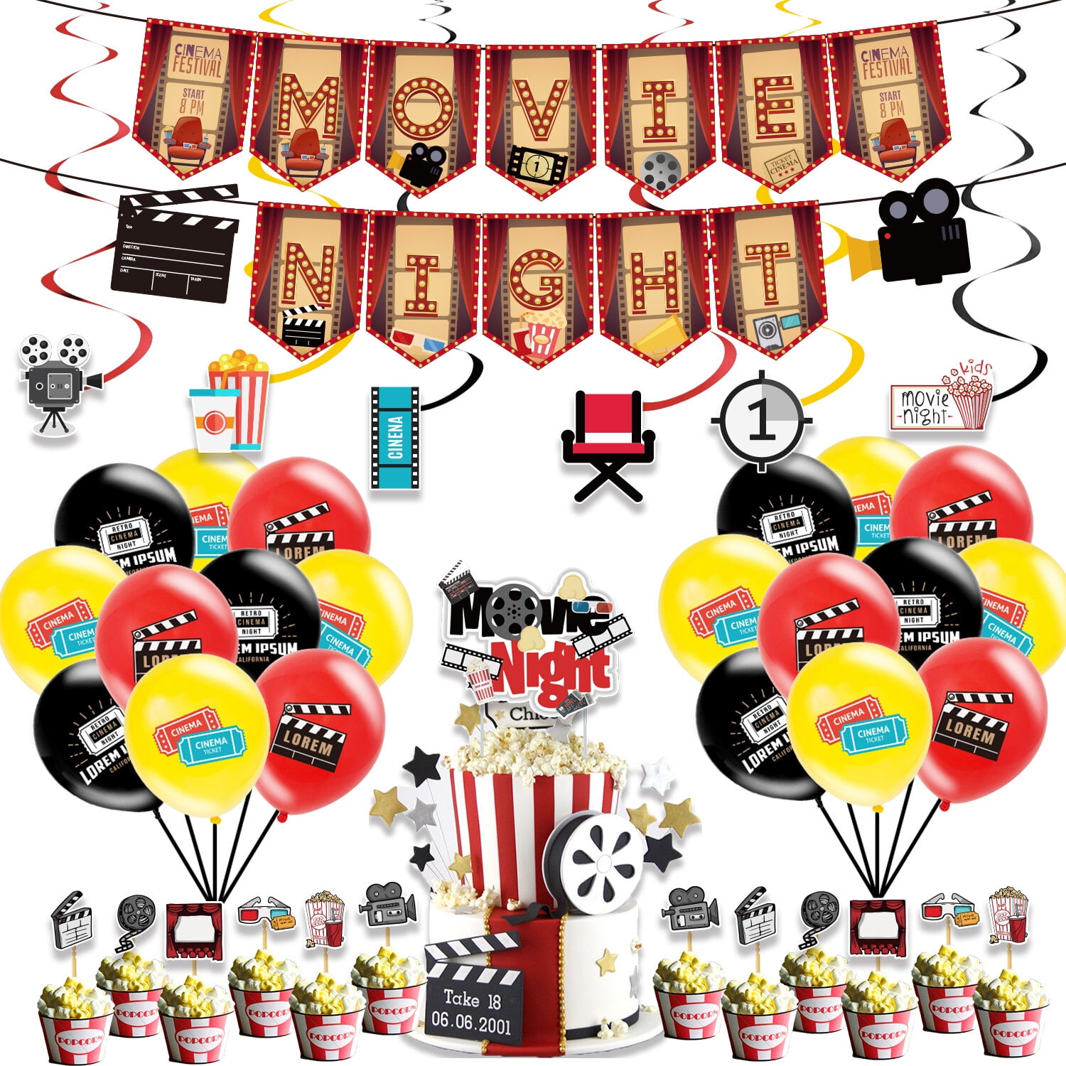 Movie Night Party Decoration Red Black Movie Night Banner Hanging ...