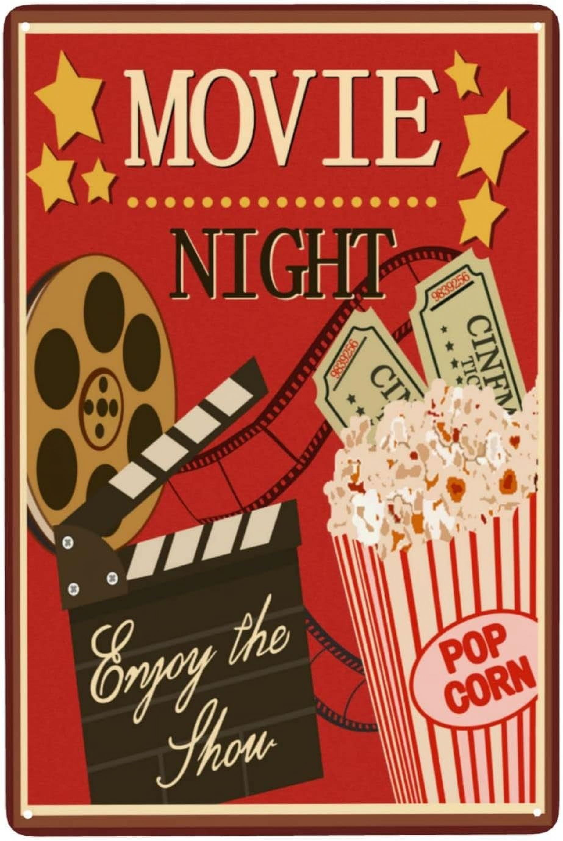 Movie Night Poster Tin Sign Enjoy The Show with Popcorn Red Background ...