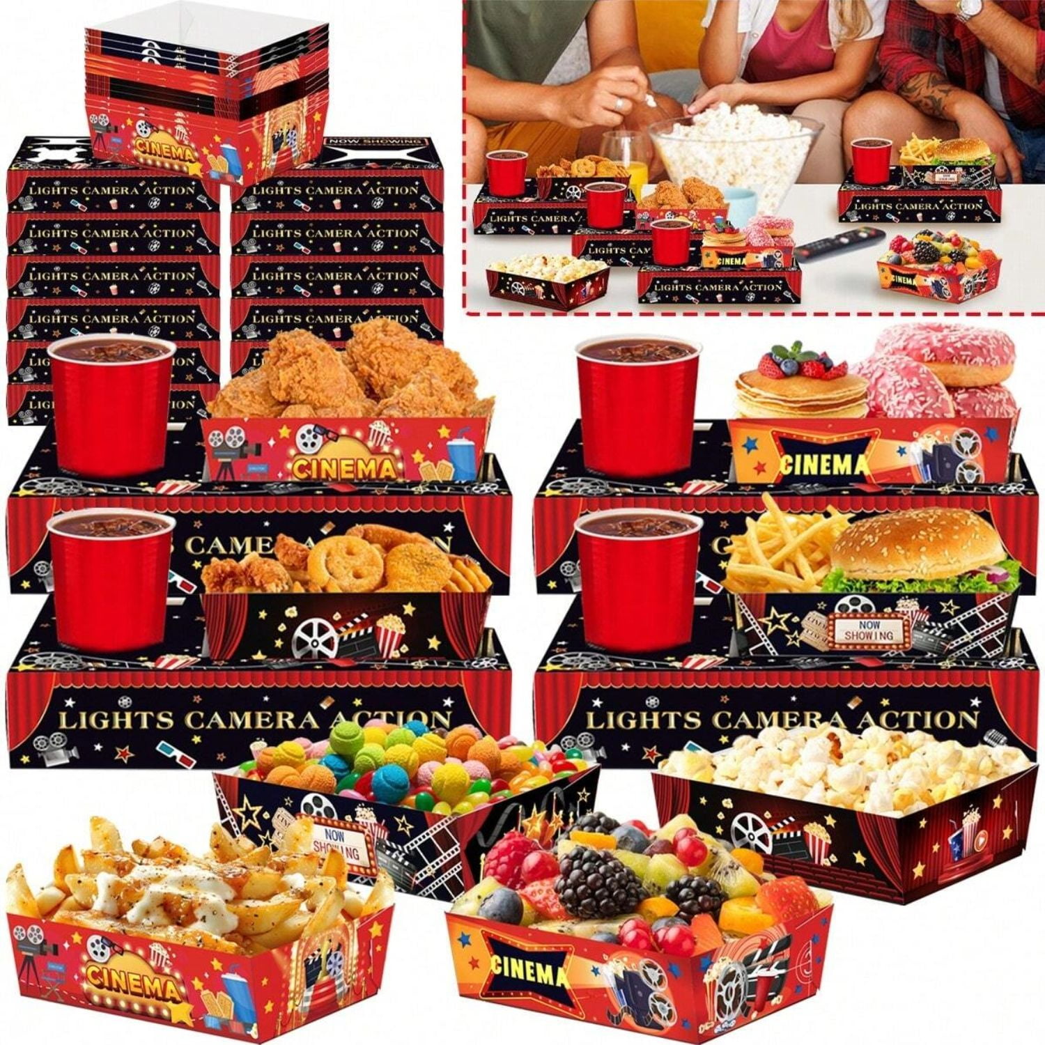 Movie Night Snack Boxes 24 Pcs - Cinema Pattern Food Trays Combo ...