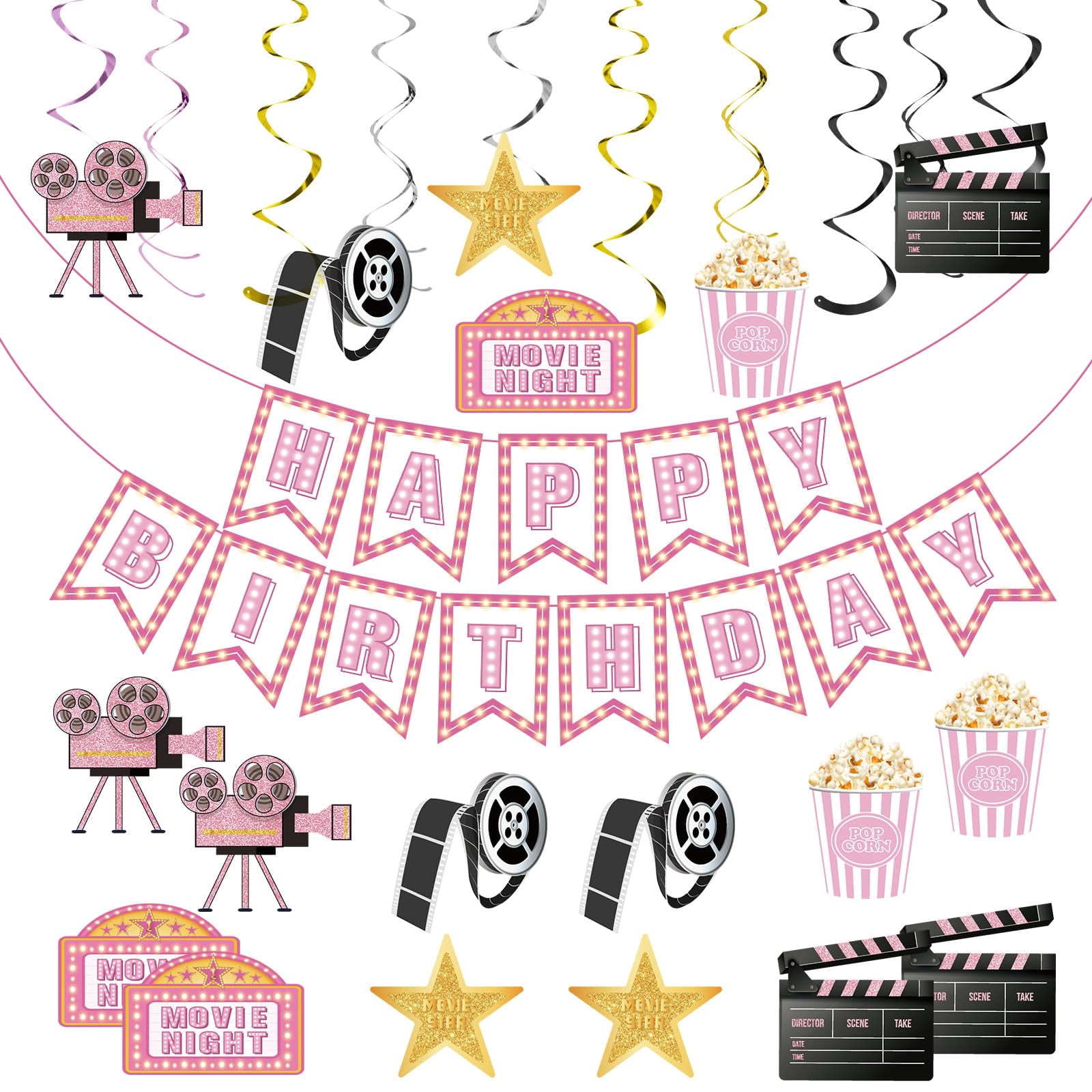 Movie Night Supplies Pink Movie Birthday Banner Movie Night Decorations ...