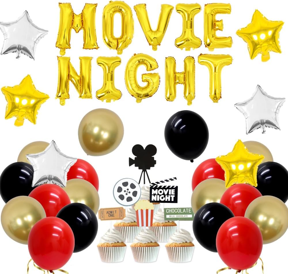 Movie Night Theme Balloons, Movie Night Party Decorations with Star ...
