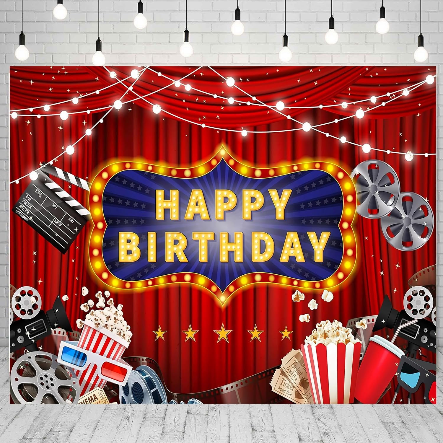 Movie Night Theme Birthday Backdrop for Party Decorations Lights Camera ...