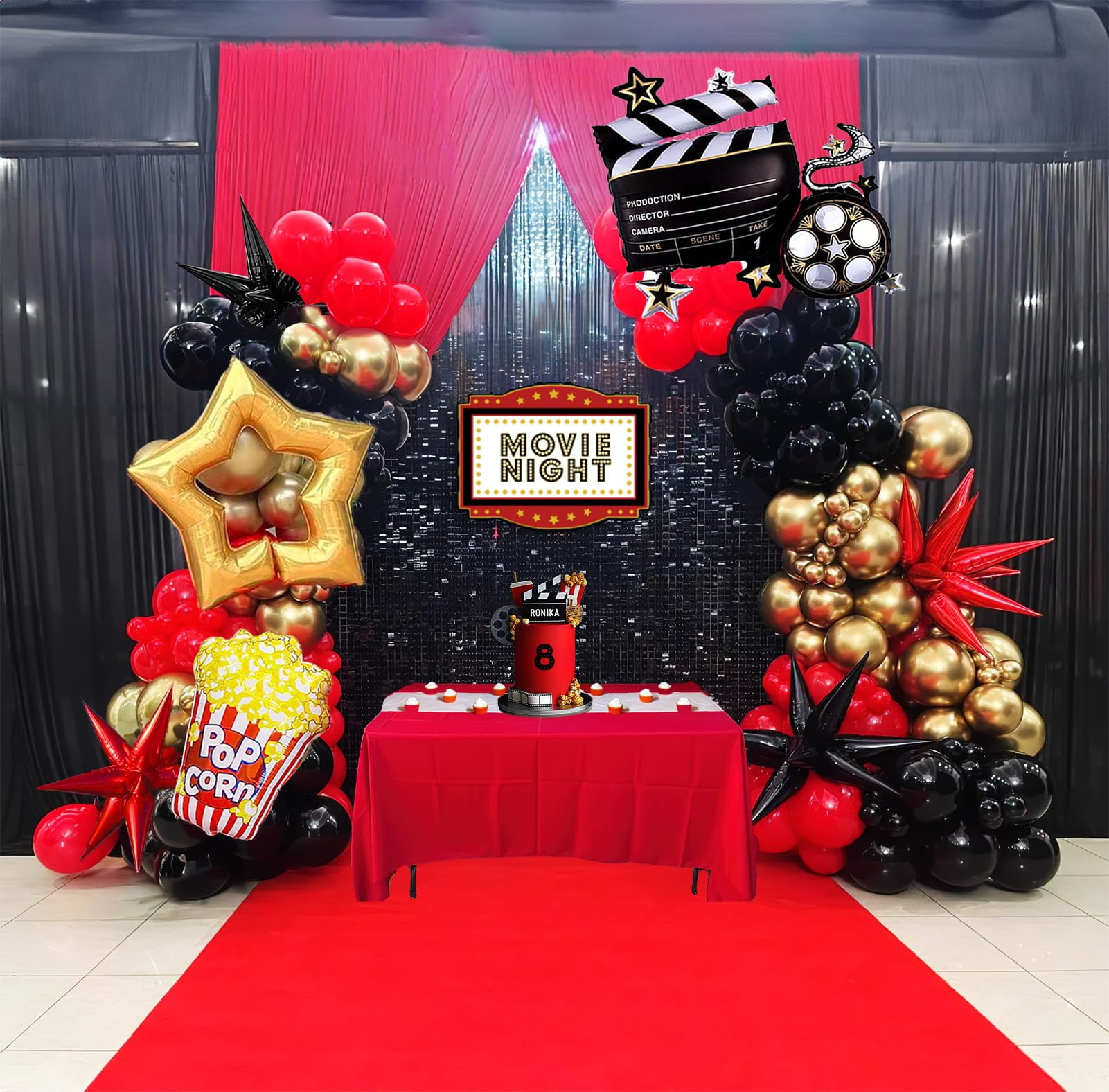 Movie Night Themed Balloon Garland Arch Set 119pcs Red Black Gold with ...