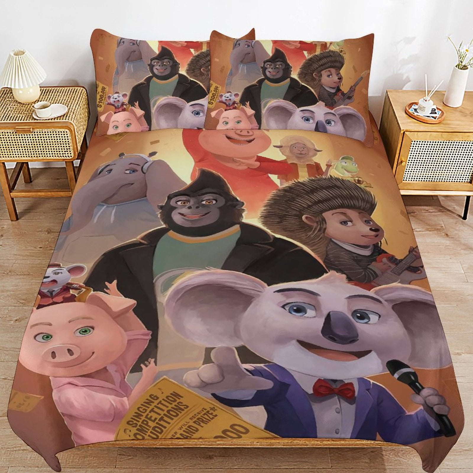 Movie Sing Cartoon 3 Piece Bedding Set, Cute Anime Printed Duvet Cover ...