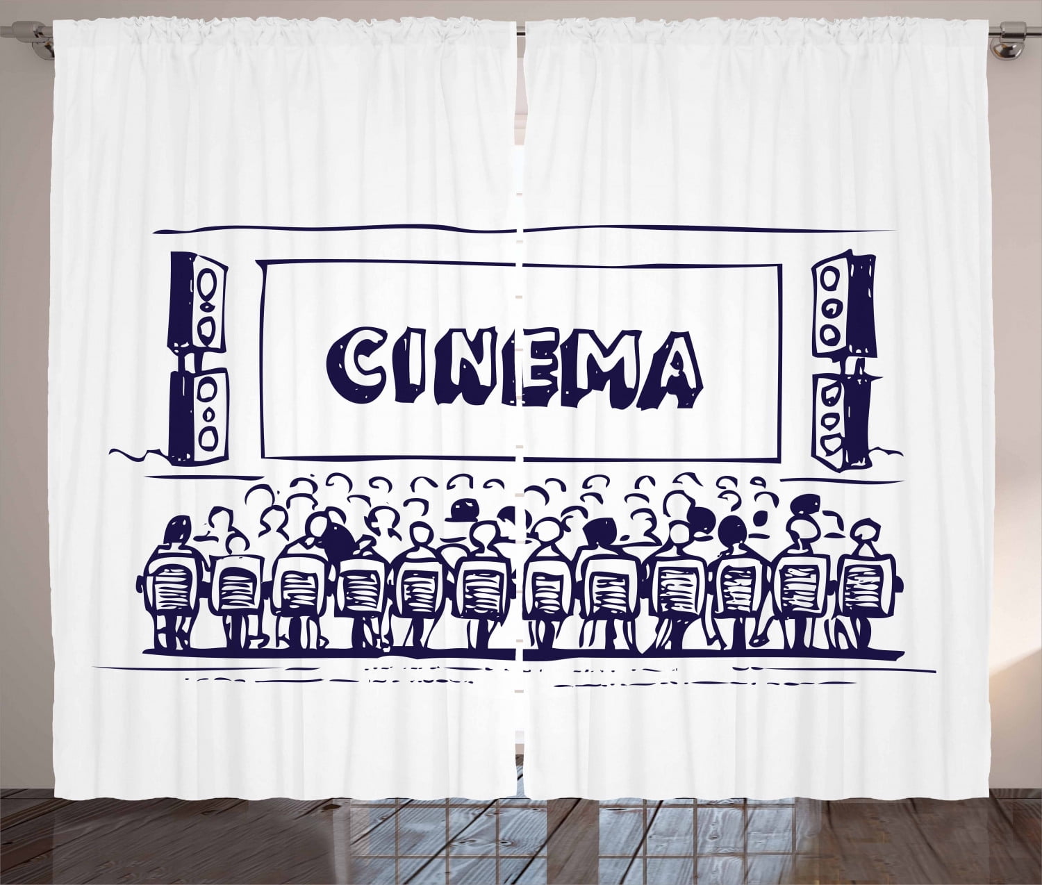 Movie Theater Curtains 2 Panels Set, Hand Drawn Illustration Audience ...