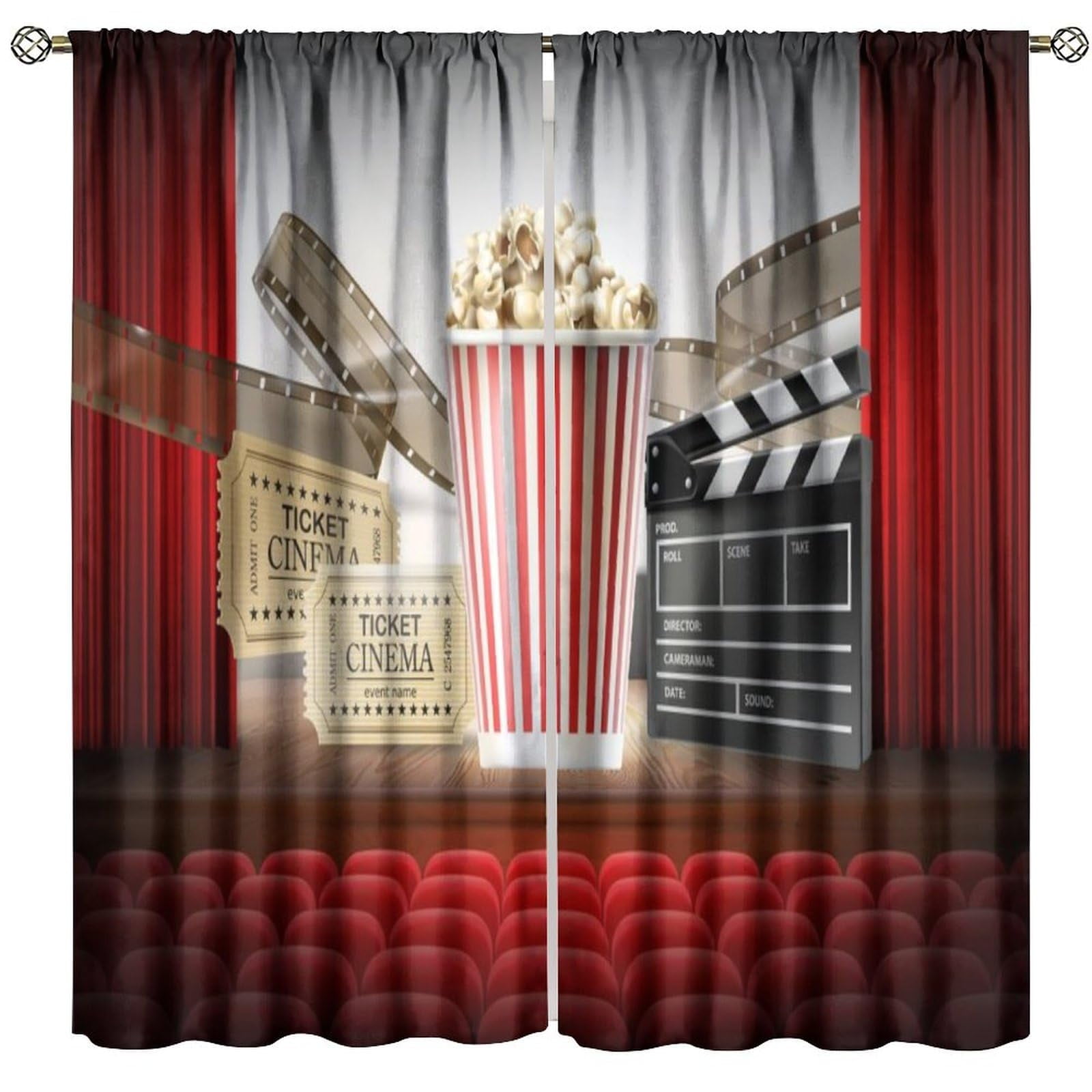 Movie Theater Curtains, Retro Home Cinema Film Strips Popcorn Drink ...