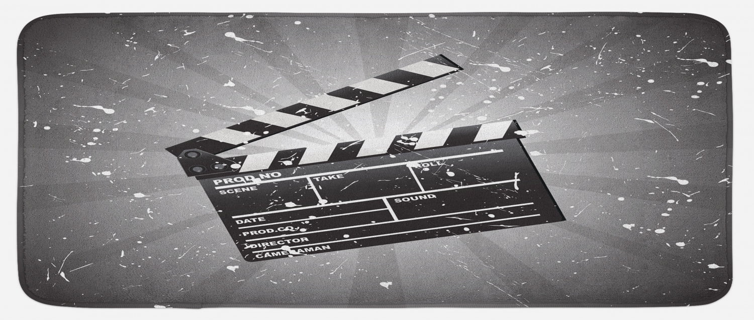 Movie Theater Kitchen Mat, Clapper Board on Retro Backdrop Grunge ...