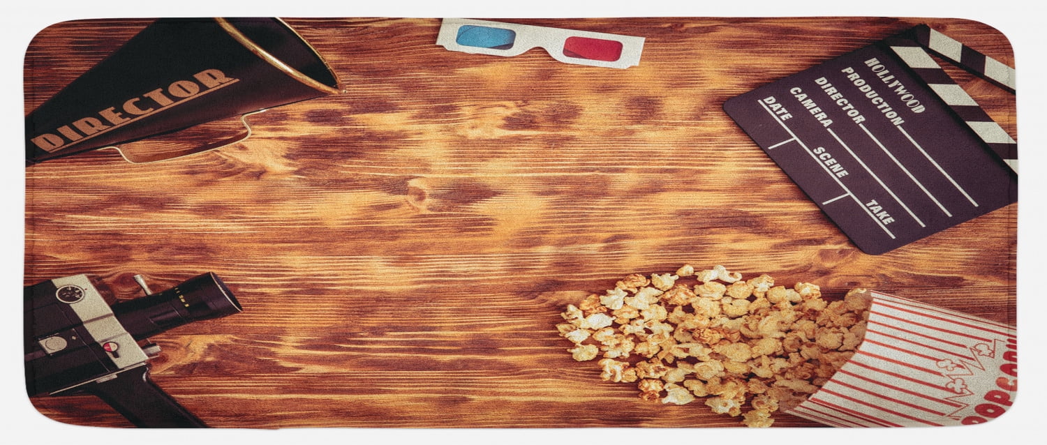 Movie Theater Kitchen Mat, Retro Cinema Objects on a Wooden Table Top ...
