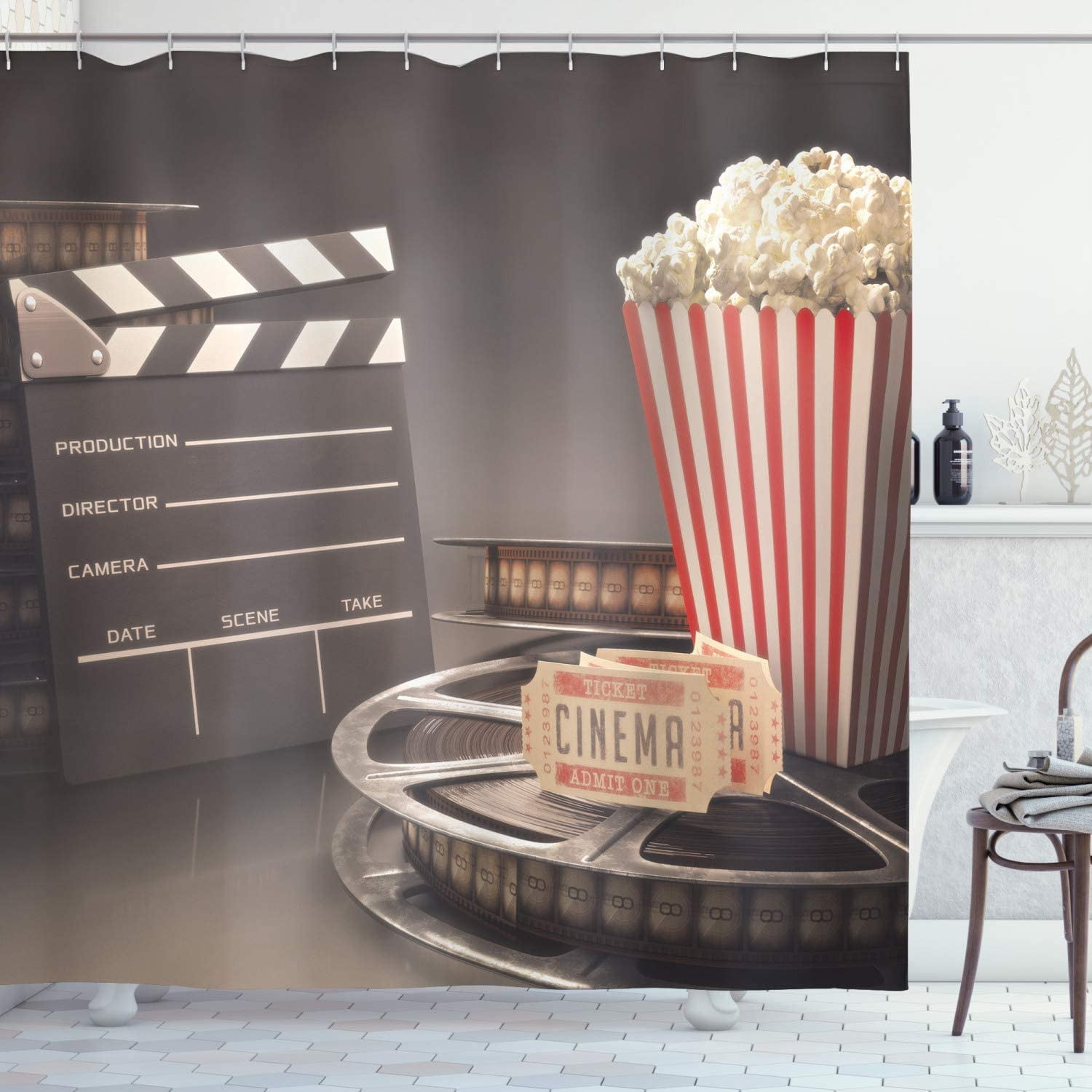 Movie Theater Shower Curtain, Old Fashion Entertainment Objects Related ...