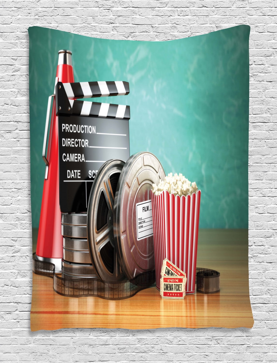 Movie Theater Tapestry, Production Theme 3D Film Reels Clapperboard ...