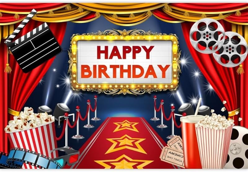 Movie Theme Happy Birthday Backdrop Popcorn Drink Movie Night Backdrop ...