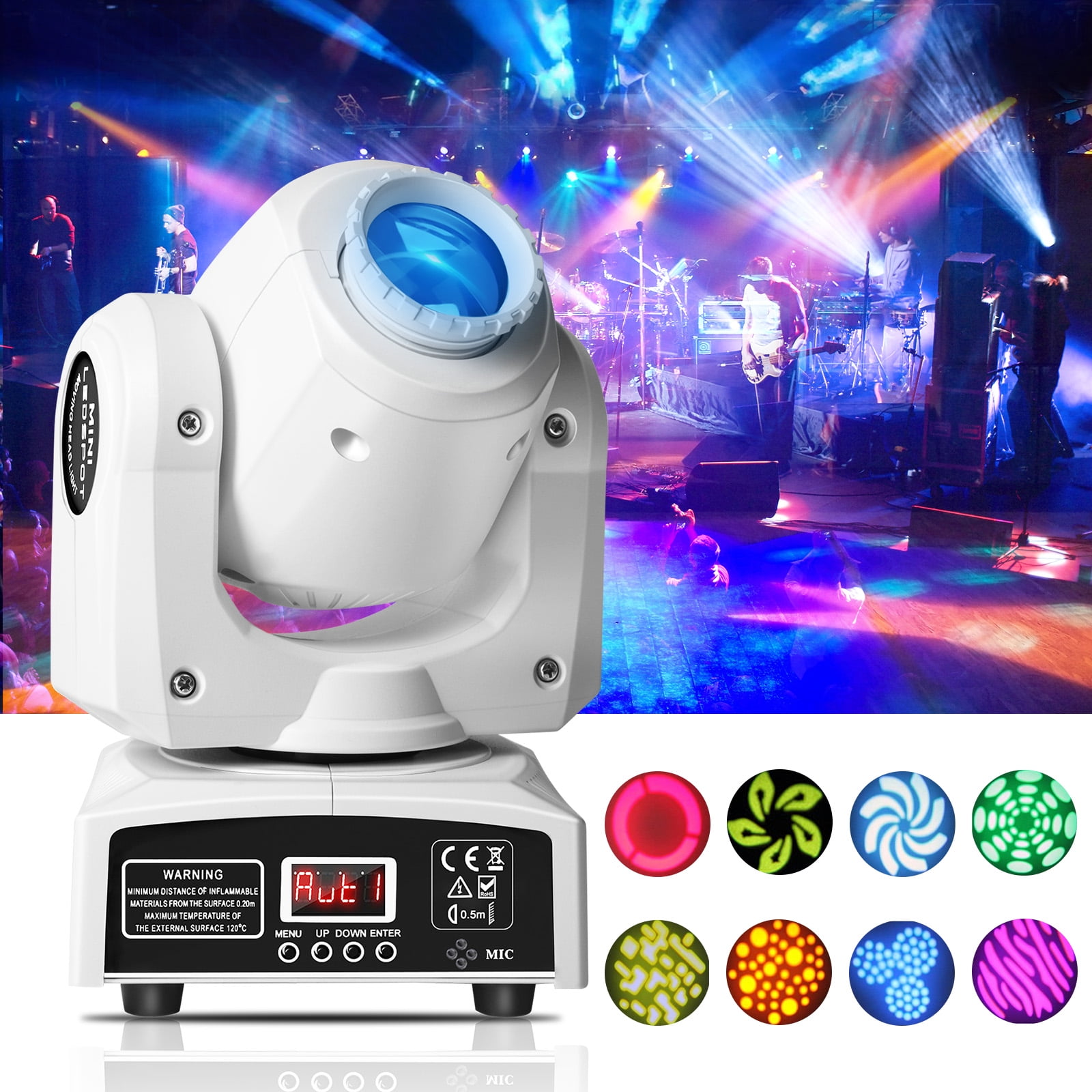 Moving Head LED DJ Party Light, RGBW 8 Pattern Shake Disco Light with ...