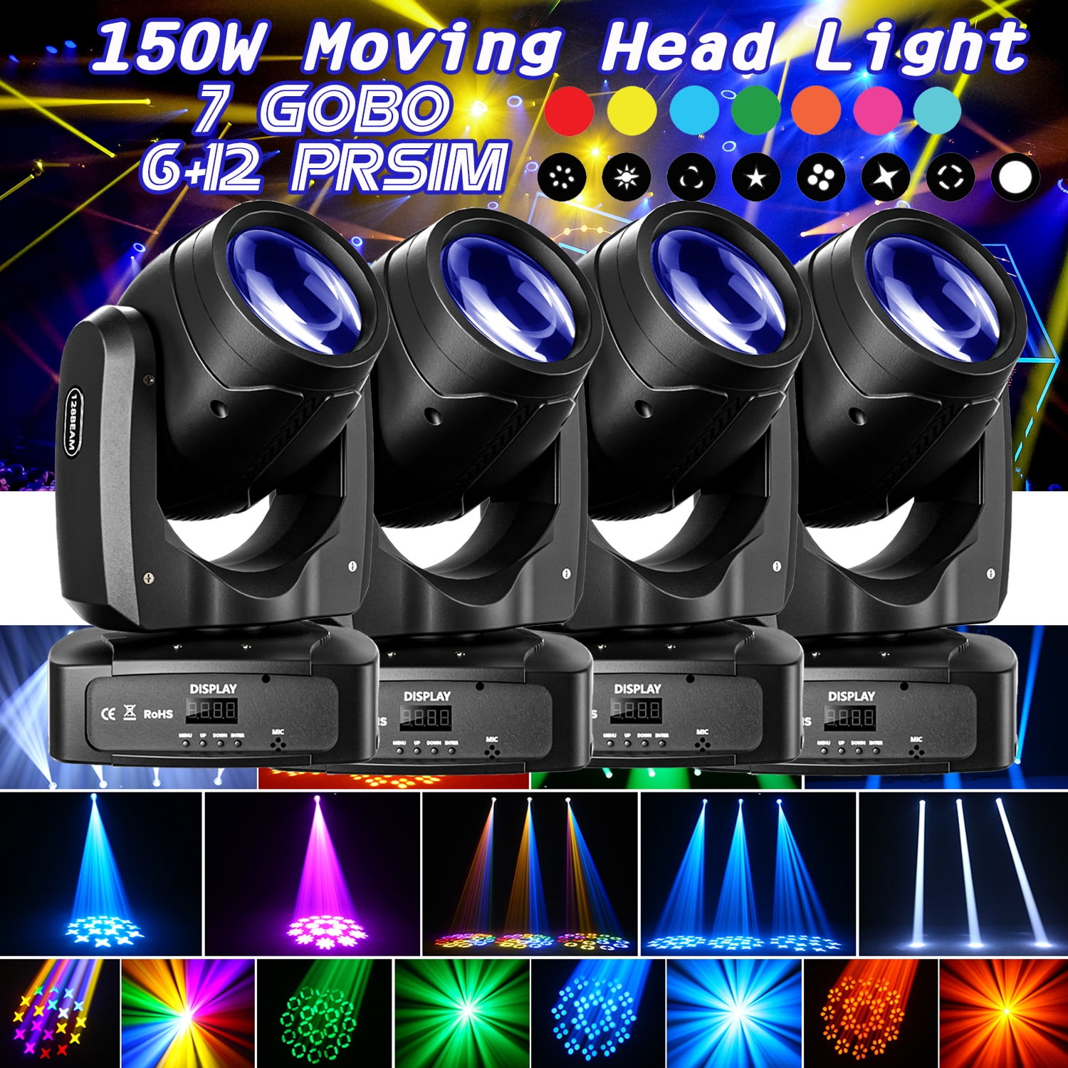 Moving Head Light 18-Facet Rotating Prism Spotlights 7 Rotating Gobos 7 ...