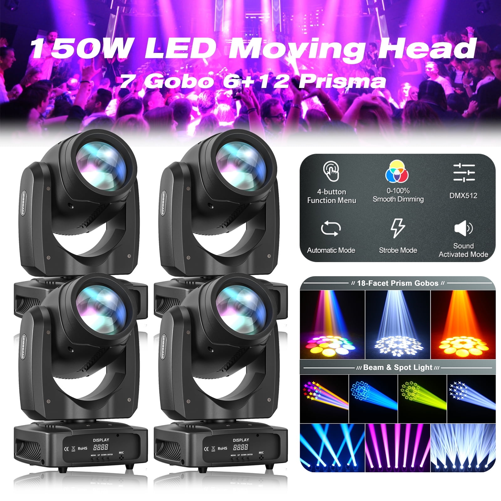 150W DJ Head Lights, 18 Facet Prism, 7 Colors, LED, Sound Activated DMX ...