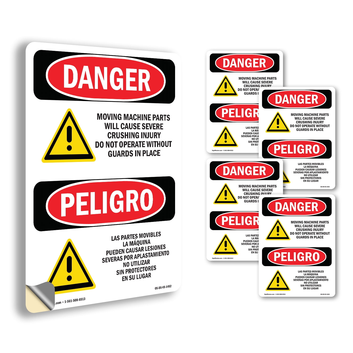 Moving Machine Parts Crushing Bilingual OSHA Danger Vinyl Decal Label ...