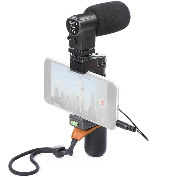 Movo Smartphone Grip Handle Microphone Rig with Stereo Mic, Wrist Strap ...