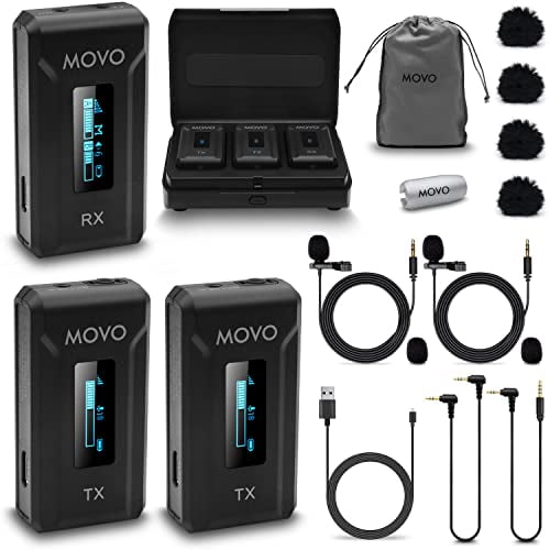 Movo WMX-2-DUO Wireless Camera Microphone Lapel Mic with Charging Case ...