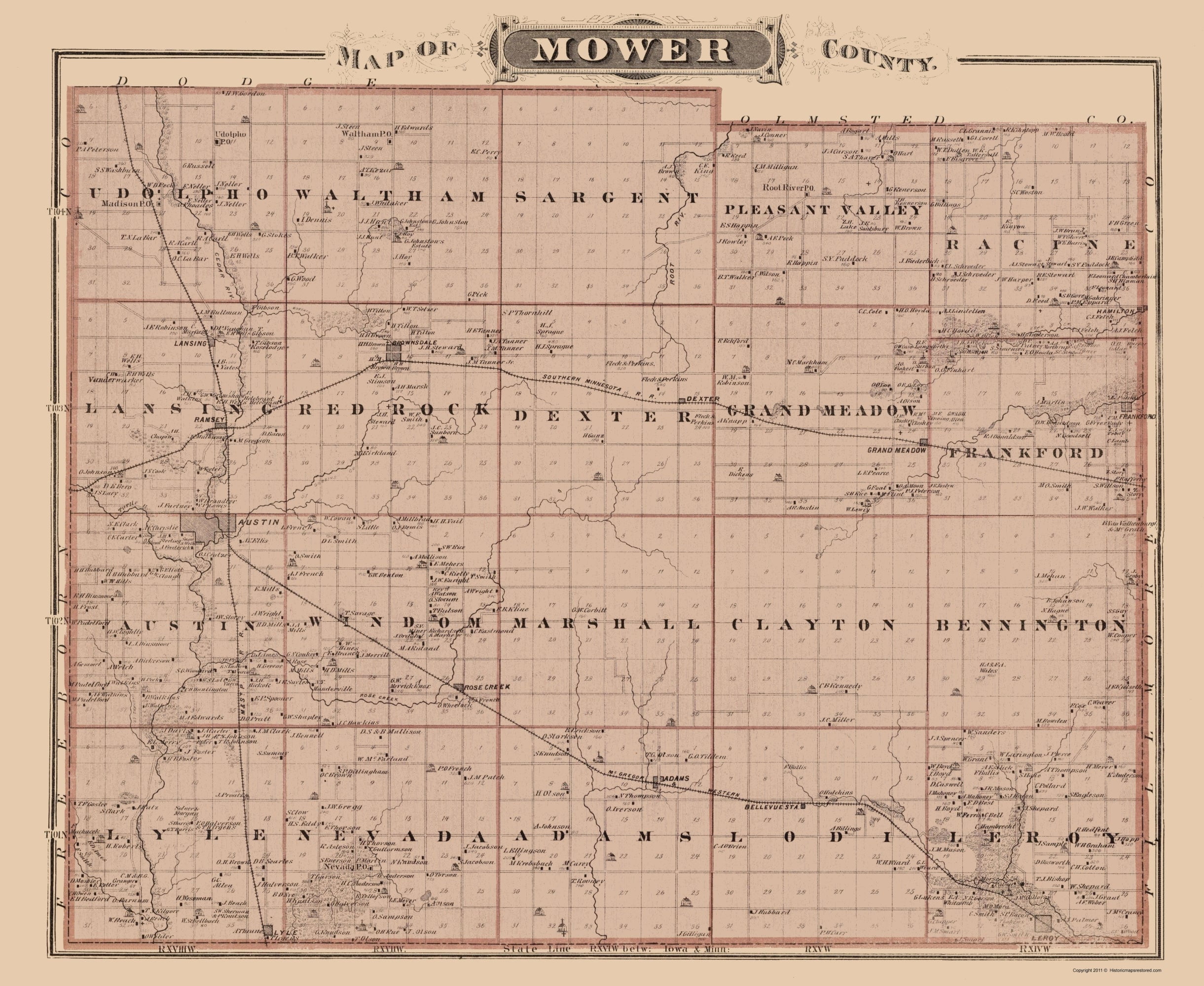 Historic County Map - Mower County Minnesota - Andreas 1874 - 23 x 28. ...