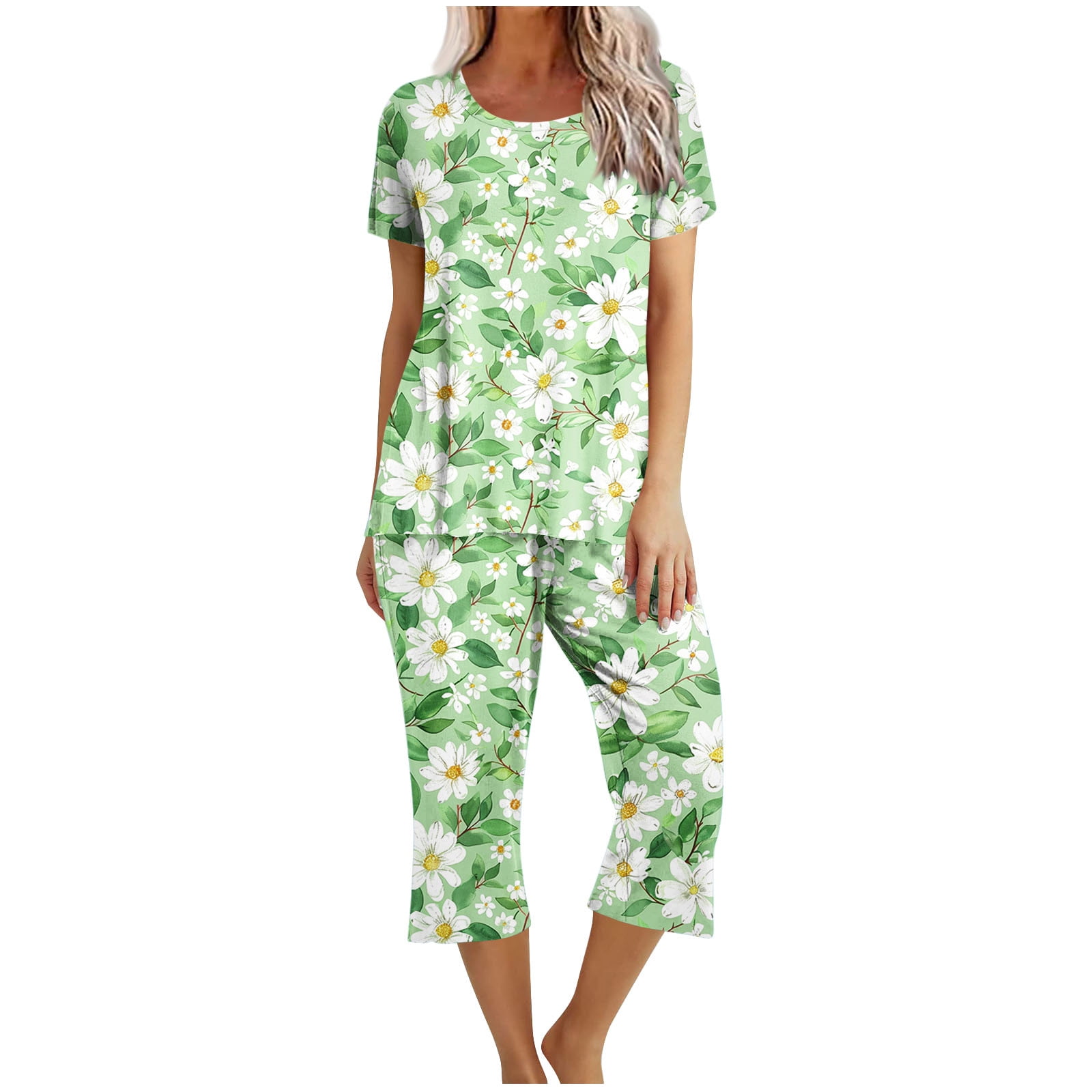 Moxiu 2 Piece Capri Sets for Women Two Piece Pajama Sets Short Sleeve ...